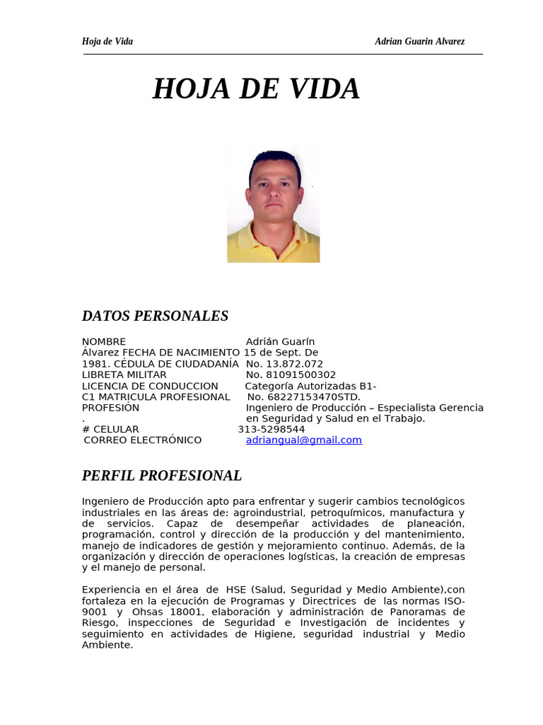 Hoja de Vida Profesional HSE Adrian Guarin A | PDF