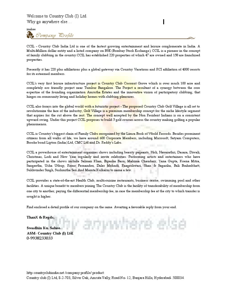 COUNTRY CLUB Proposal Letter | PDF | Business | Leisure