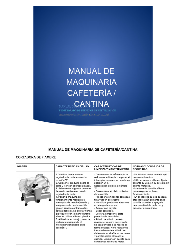 Manual de Maquinaria de Cafetería - Cantina 2021-2022 | PDF