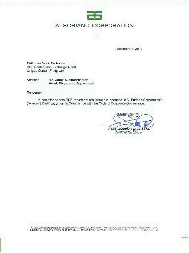 Certificate of Compliance With Corporate Governance 2014 | PDF