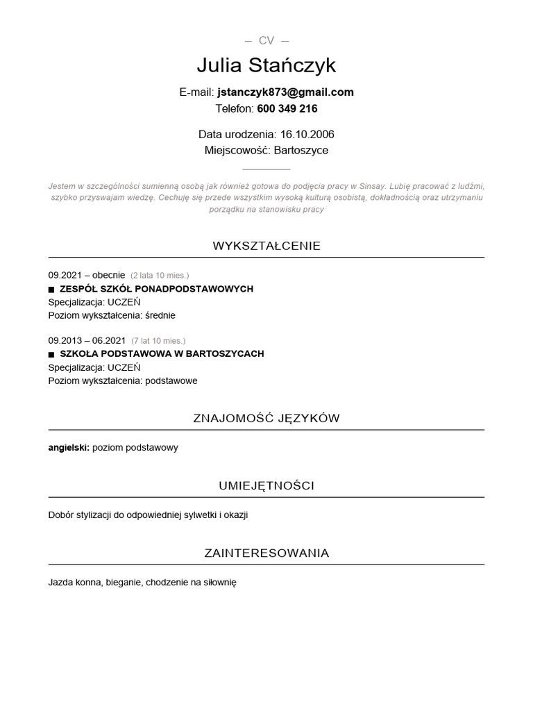 CV - Julia - Stańczyk | PDF