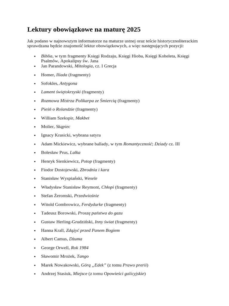 Lektury Obowiązkowe Na Maturę 2025 | PDF