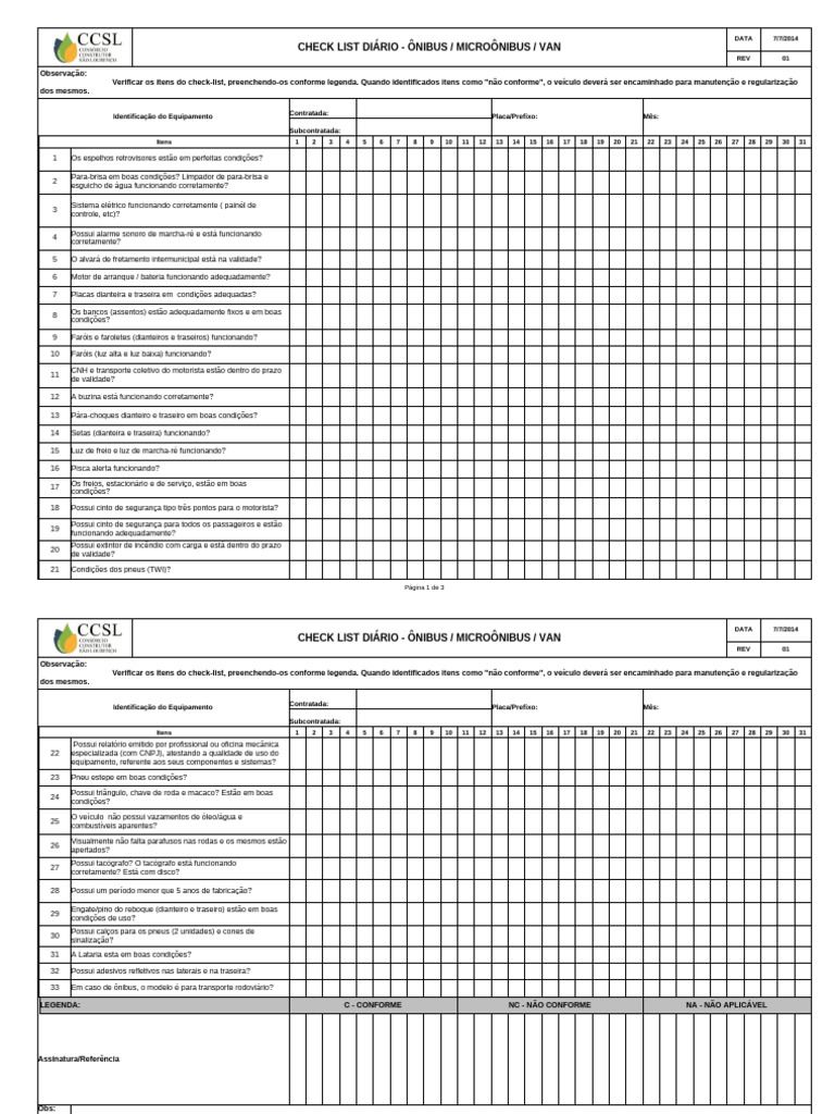 Anexo 09 - Modelo Check list-R01-Ônibus. Microônibus.Van | PDF