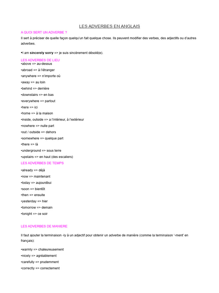 Les Adverbes en Anglais Bases PDF | PDF