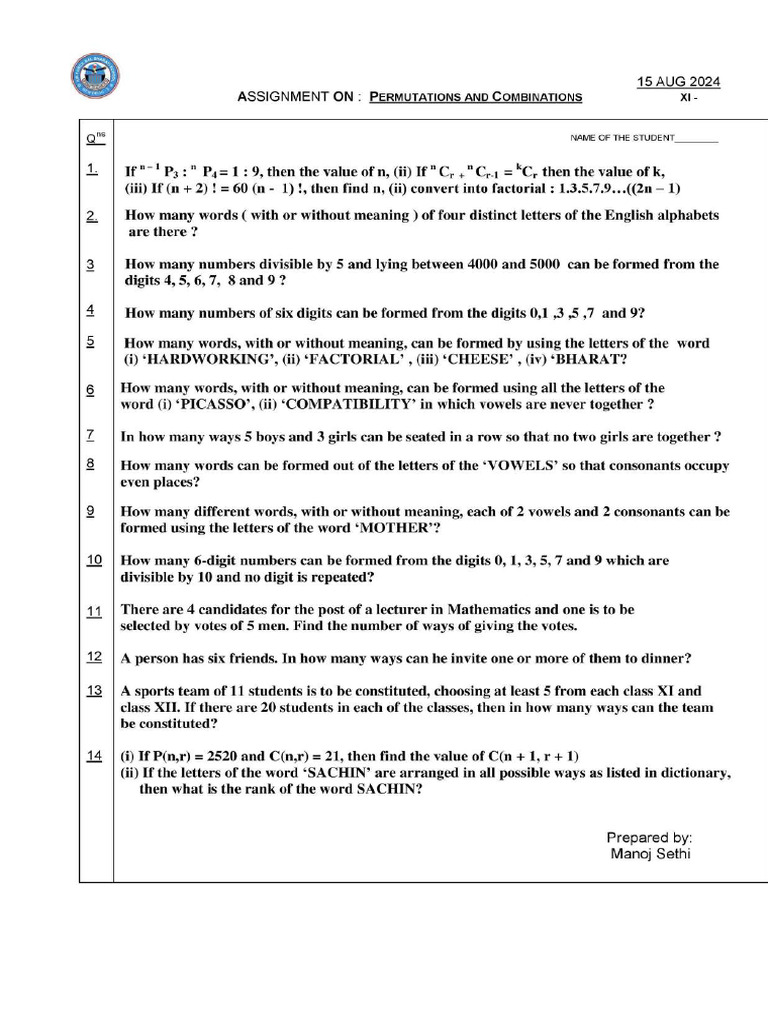 Assignment On Permutations and Combinations For Class XI by MS | PDF Assignment On Permutations and Combinations For Class XI by MS | PDF