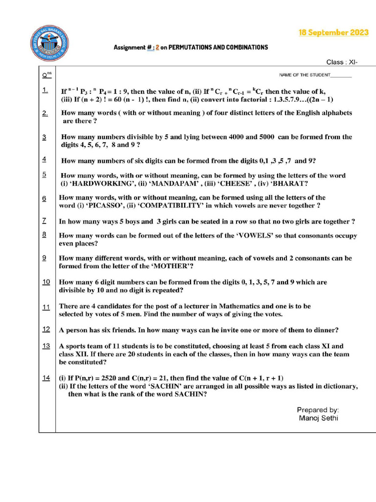 Permutations and Combinations Class Xi Afbbs 18 Sept 2023 | PDF