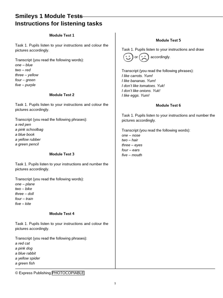 1 12 Smileys1 Module Tests Instructions and Key | PDF
