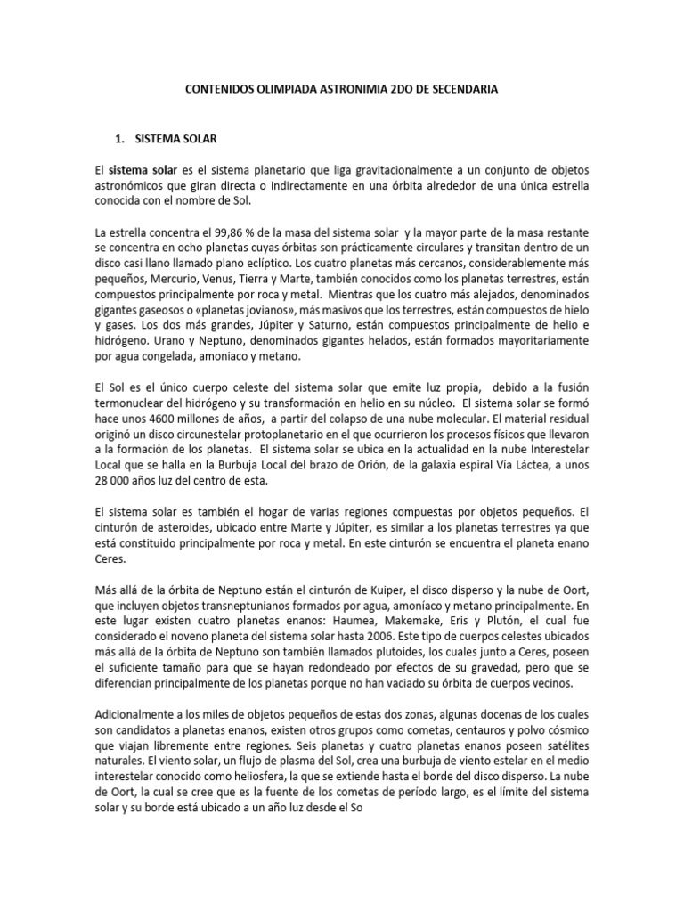 Contenidos 2do Sec Olimpiada Cientifica Astronomia 2024 | PDF