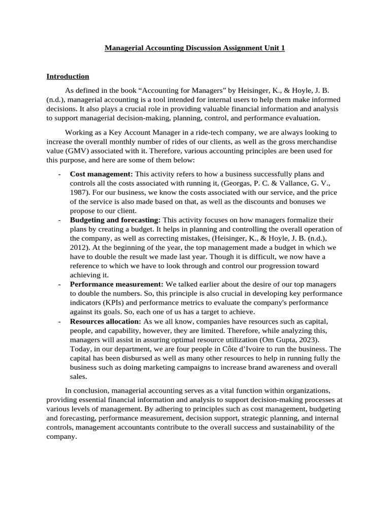 Managerial Accounting Discussion Assignment Unit 1 | PDF