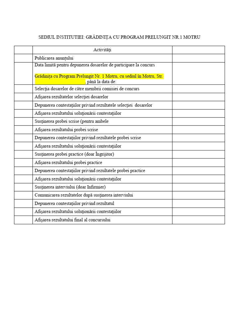 Calendar Desfasurare Concursuri | PDF