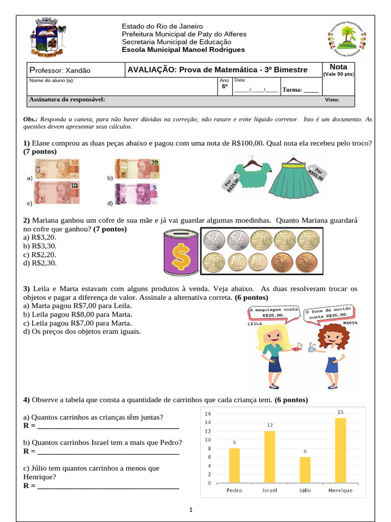 Prova Adaptada De Matemática Carlos 3º B Pdf 1849