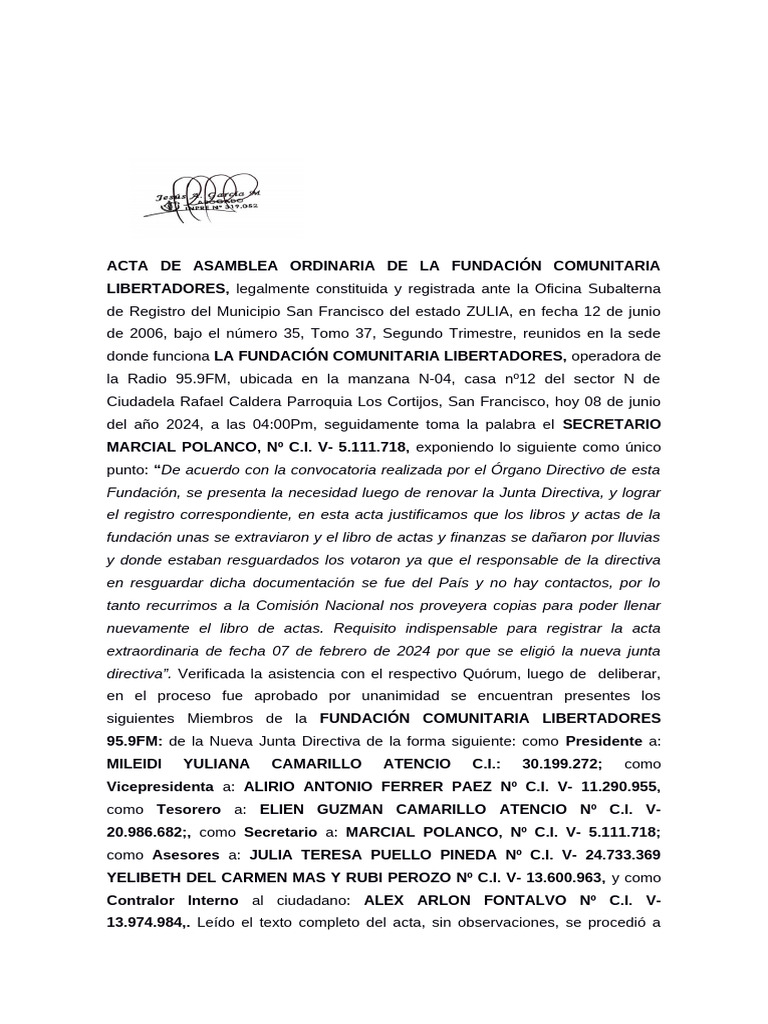 Acta de Asamblea Ordinaria de La Fundación Comunitaria Libertadores Sobre Actas | PDF