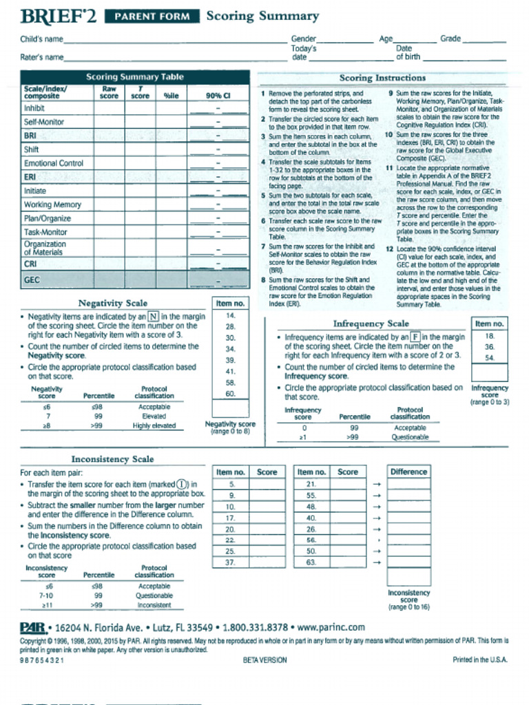 BRIEF2 Parent Report Scoring Summary | PDF