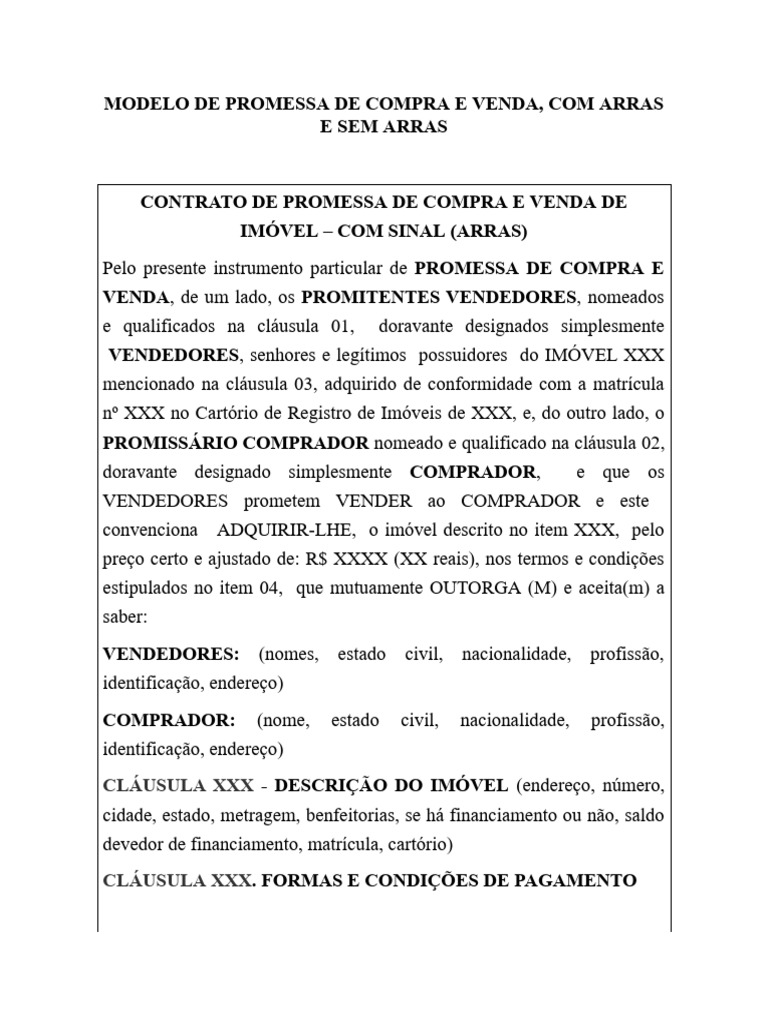 MODELO DE PROMESSA DE COMPRA E VENDA, COM ARRAS E SEM ARRAS | PDF