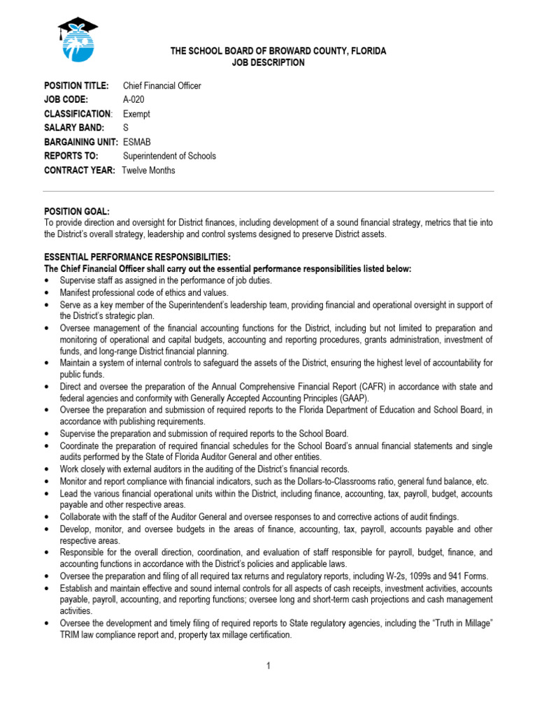 Broward Chief Financial Officer Job Description | PDF | Chief Financial ...