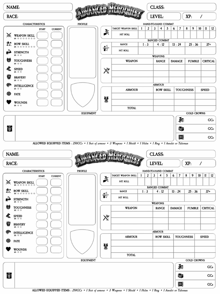 Character Sheet BW Print | PDF