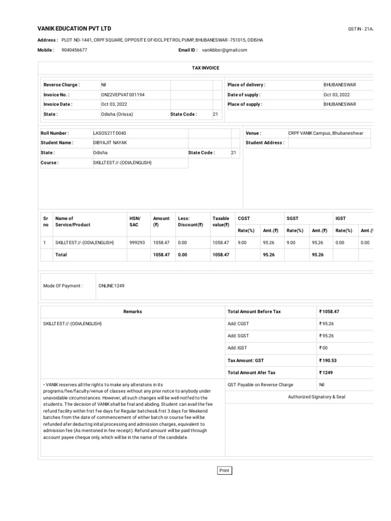 Vanik Payment Receipt | PDF