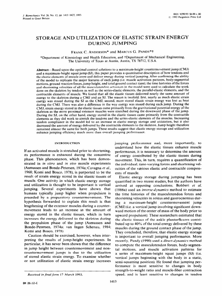 Anderson Et Al., 1993 (JB) STORAGE AND UTILIZATION OF ELASTIC STRAIN ENERGY | PDF | Force | Tendon
