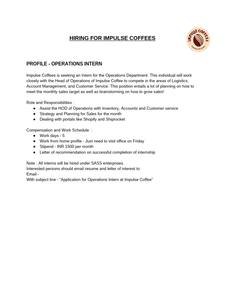 Operations Intern JD - Impluse Coffee | PDF