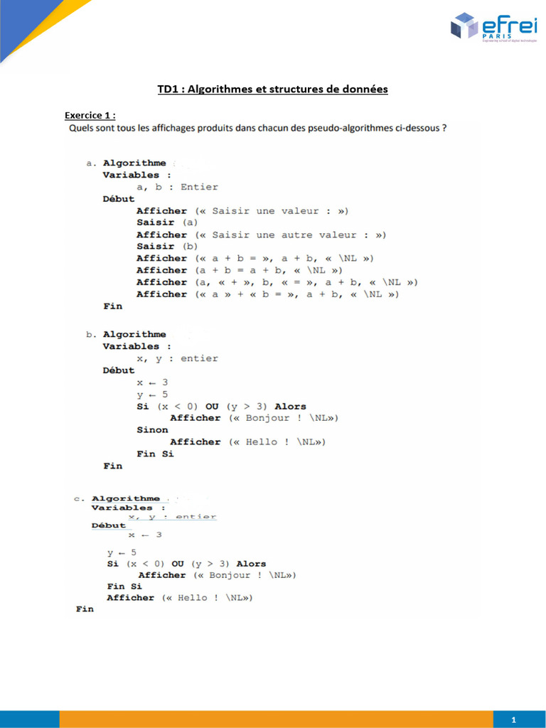 TD1: Algorithmes Et Structures de Données: Exercice 1 | PDF