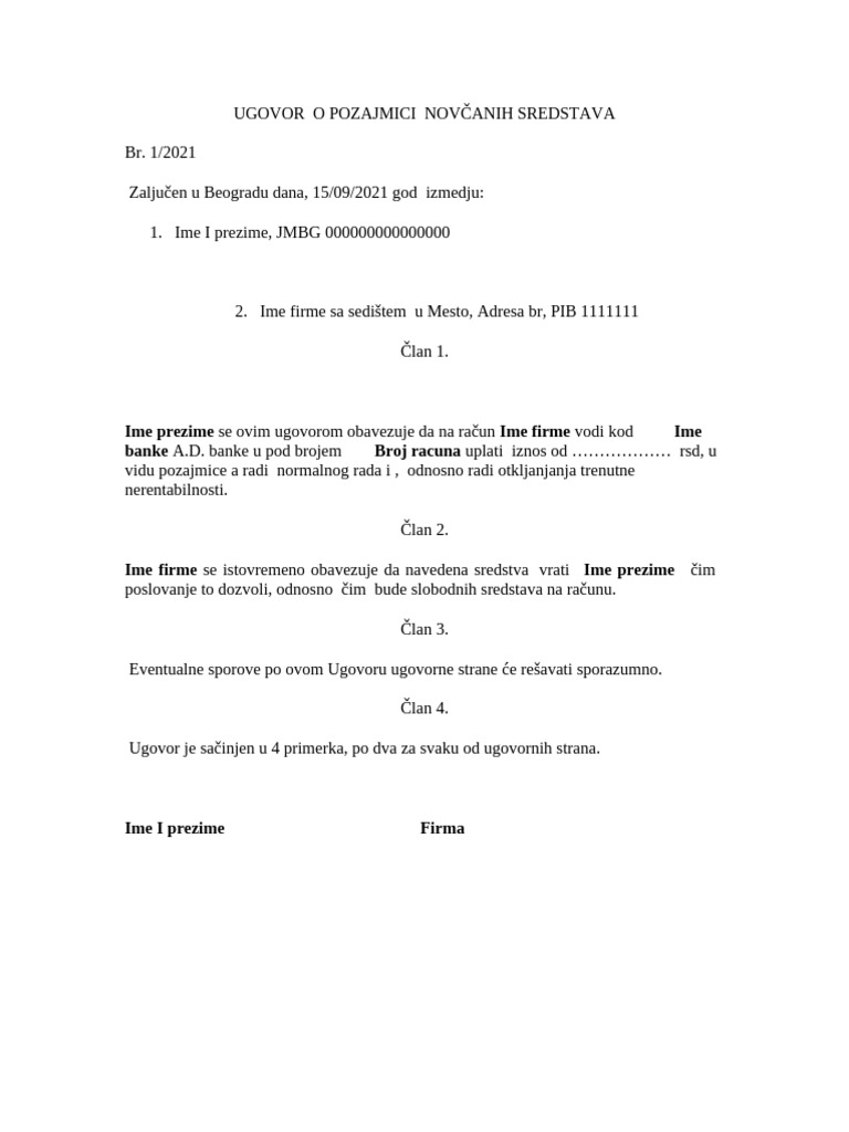 UGOVOR o Pozajmici | PDF