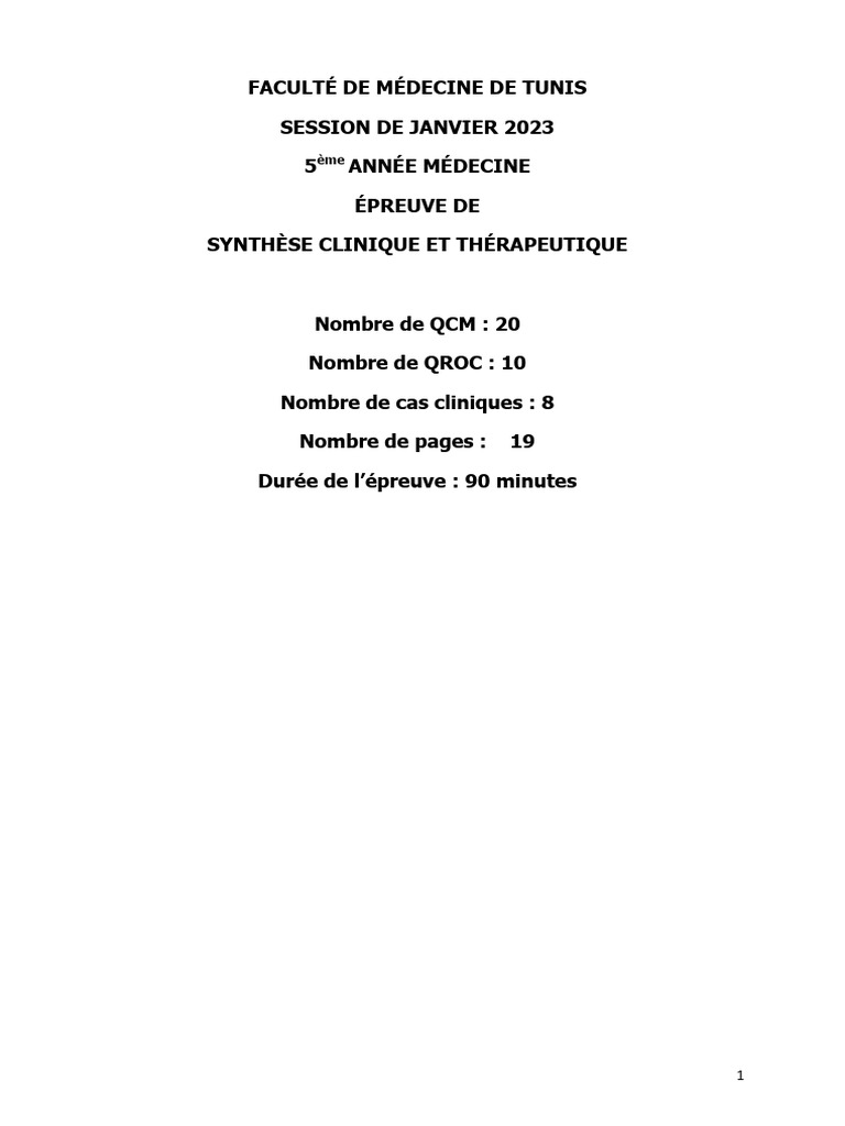 Epreuve Therapeutique Janvier 2023 Corrigee | PDF