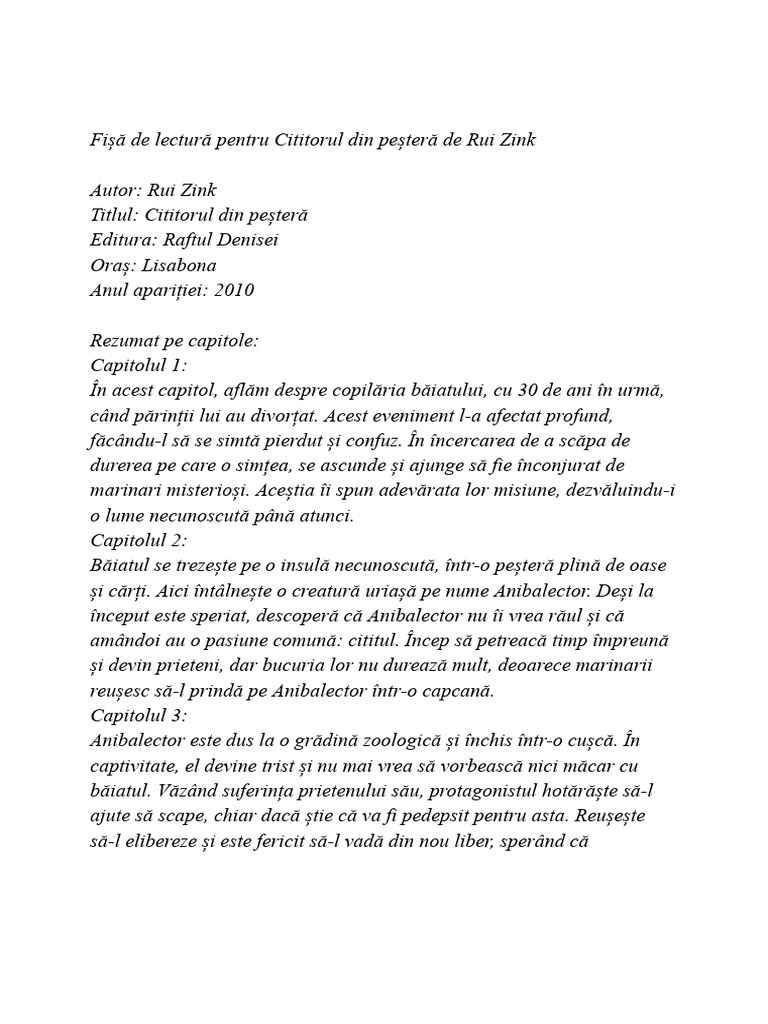 Fisa de Lectura Pentru Cititorul Din Pestera 12122220 | PDF