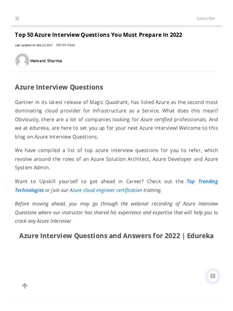 Top 50 Azure Interview Questions and Answers in 2022 _ Edureka | PDF