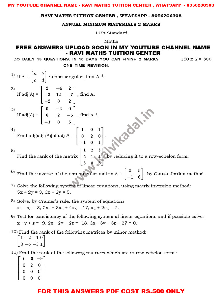 12th Maths 2 Mark Question Bank EM 2022-2023 | PDF | Applied Mathematics | Linear Algebra