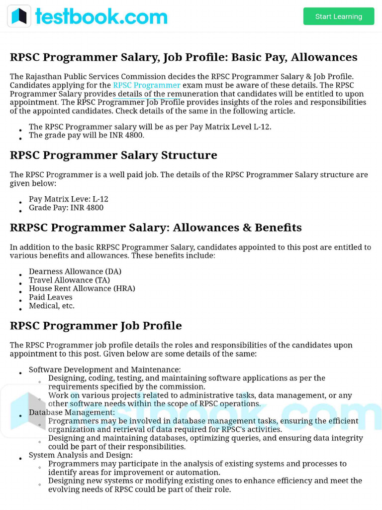 RPSC Programmer Salary, Job Profile - Basic Pay, Allowances | PDF