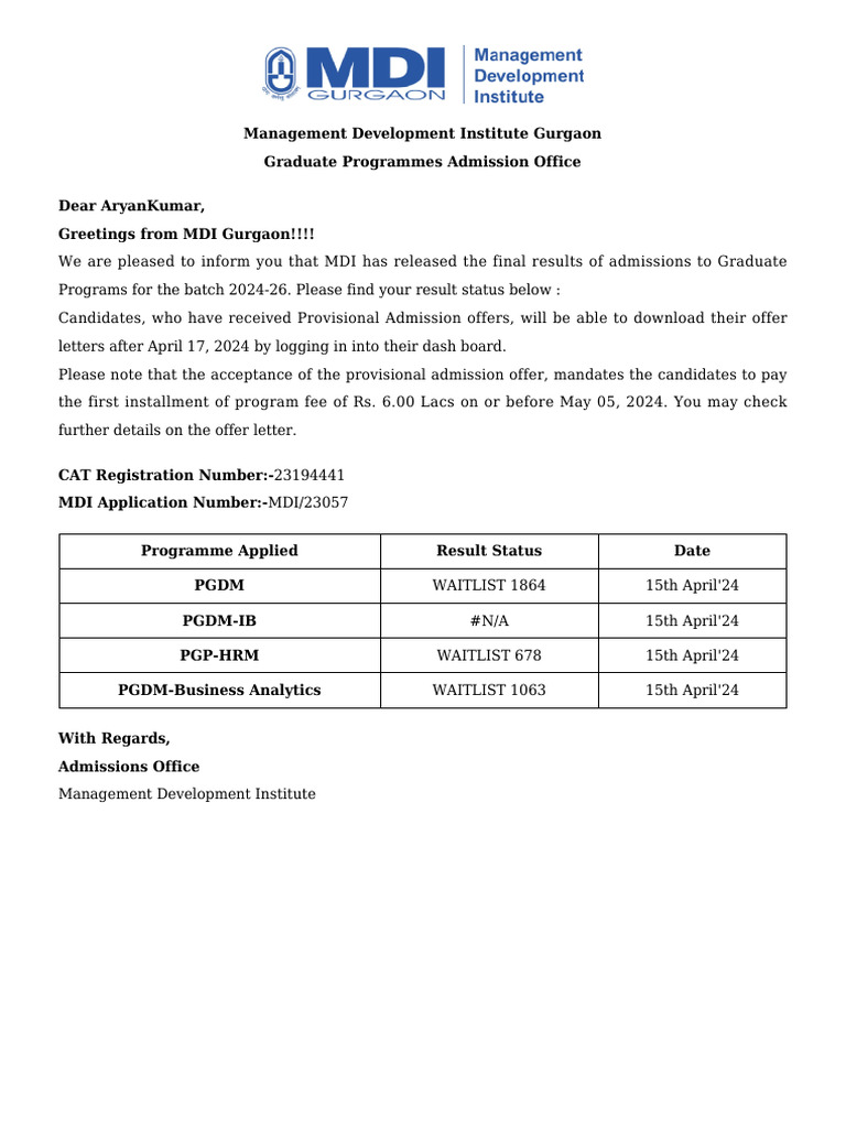 Final Status PGP 2024-26 MDI 23057 | PDF