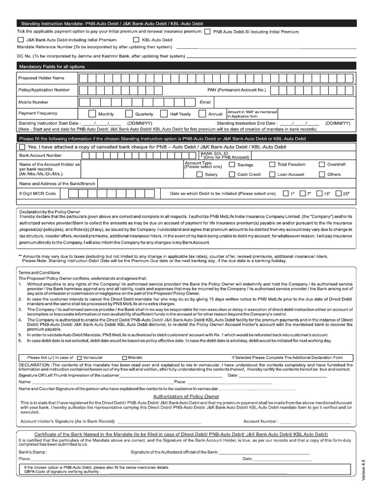 Standing Instruction and ACH Mandate | PDF
