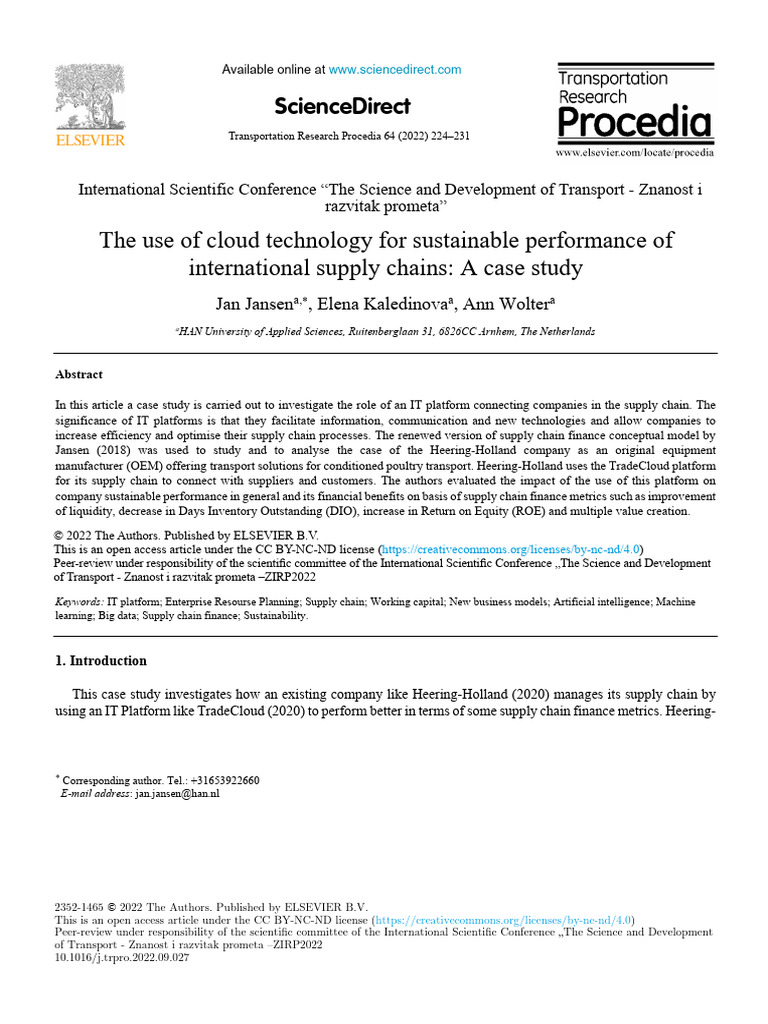 The Use of Cloud Technology For Sustainable Performance of International Supply Chains: A Case ...