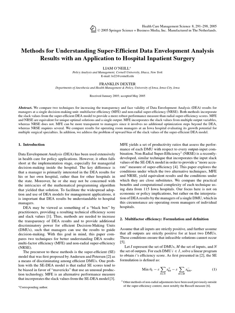 Methods For Understanding Superefficient Data Envelopment Analysis Results With An Application ...