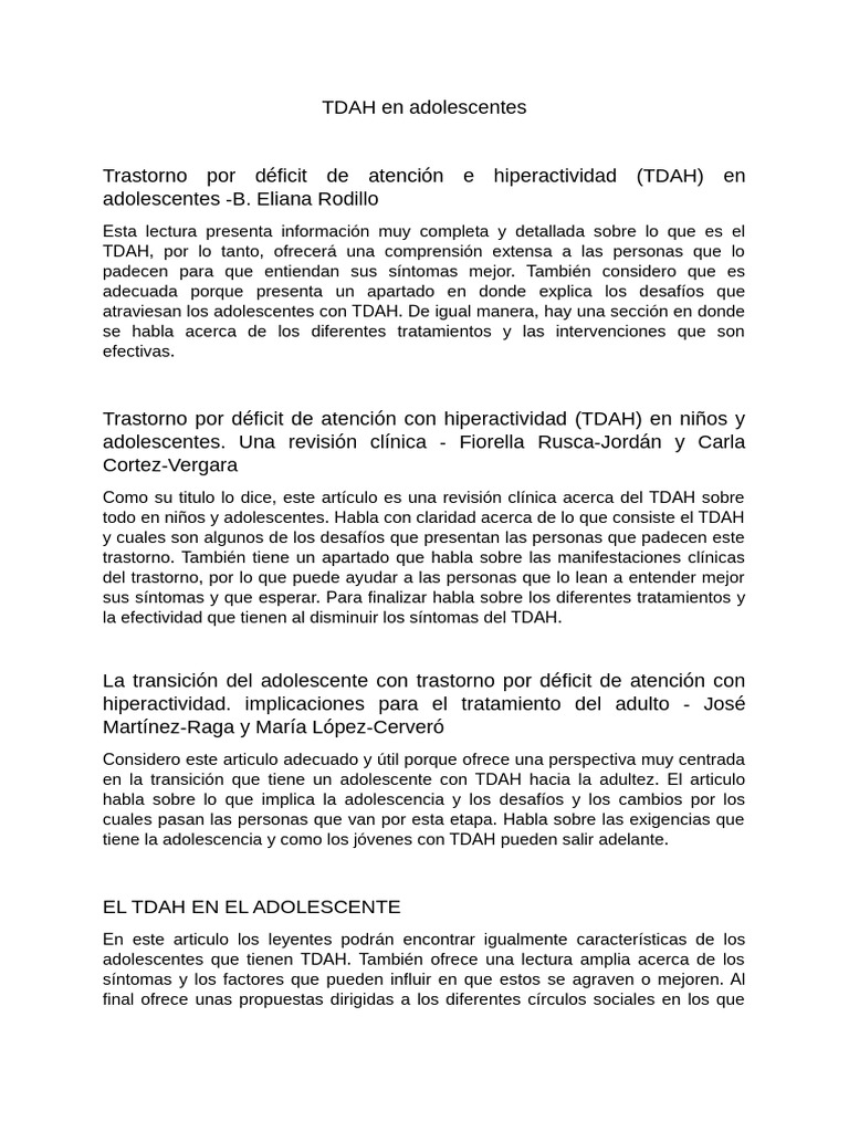 TDAH en Adolescentes | PDF