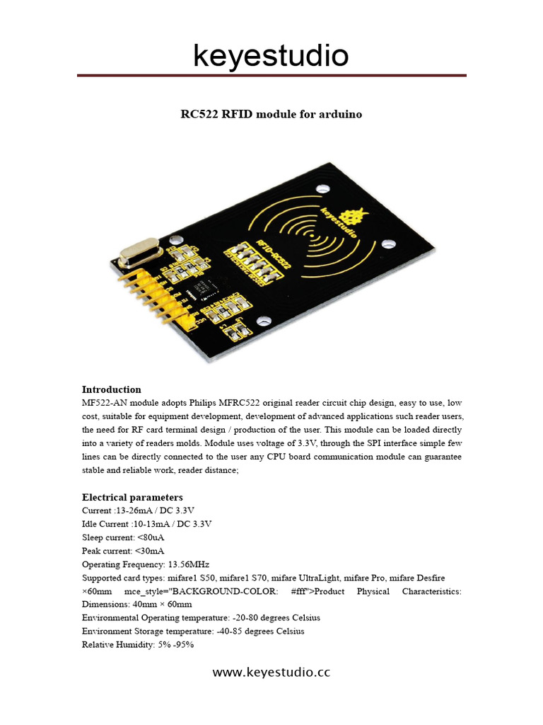 Ks0067rc522rfidmoduleforarduino Pdf 