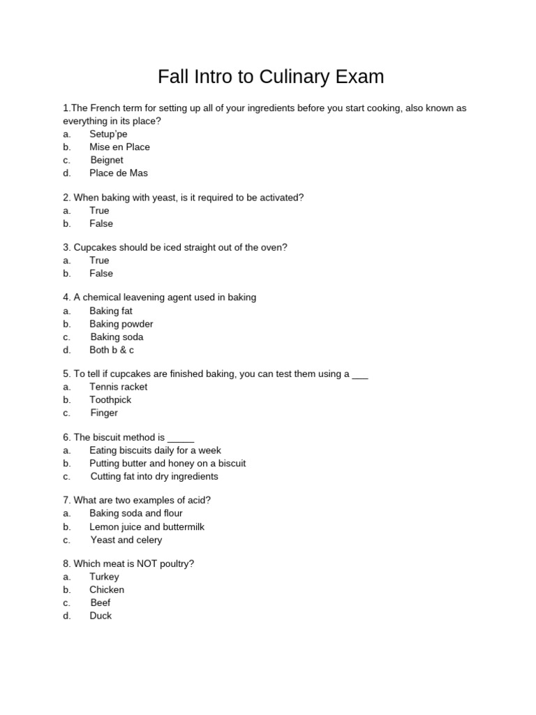 Fall Intro To Culinary Exam | PDF