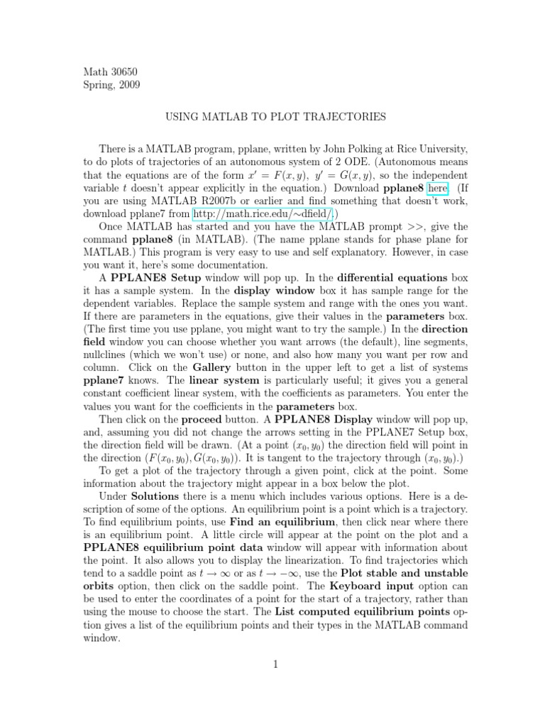 Pplane | PDF | System Of Linear Equations | Matlab