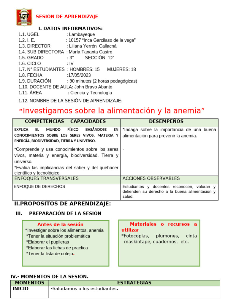 SESIÓN LOS ALIMENTOS Y LA ANEMIA. | PDF