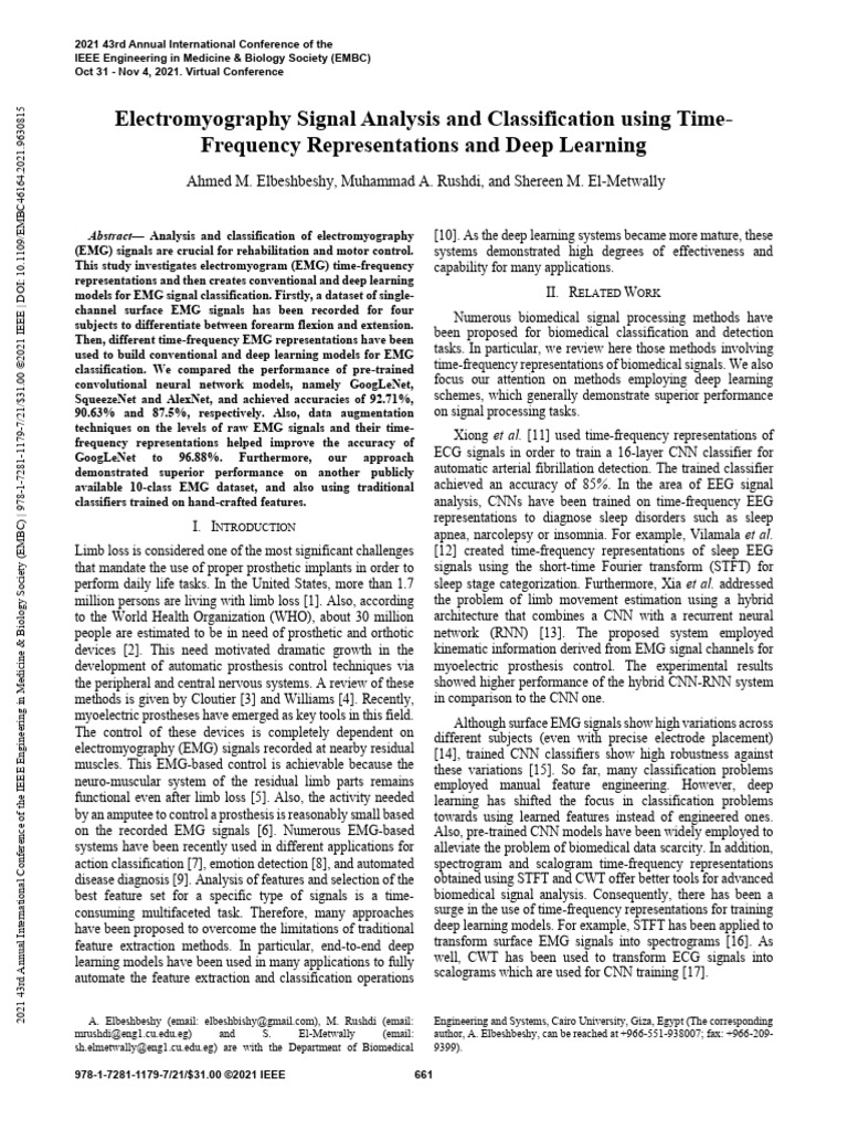 Electromyography Signal Analysis and Classification Using Time-Frequency Representations and ...
