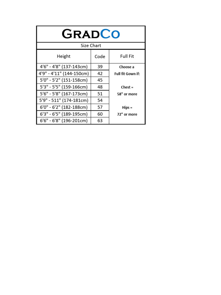 Graduation Gown Size Chart | PDF