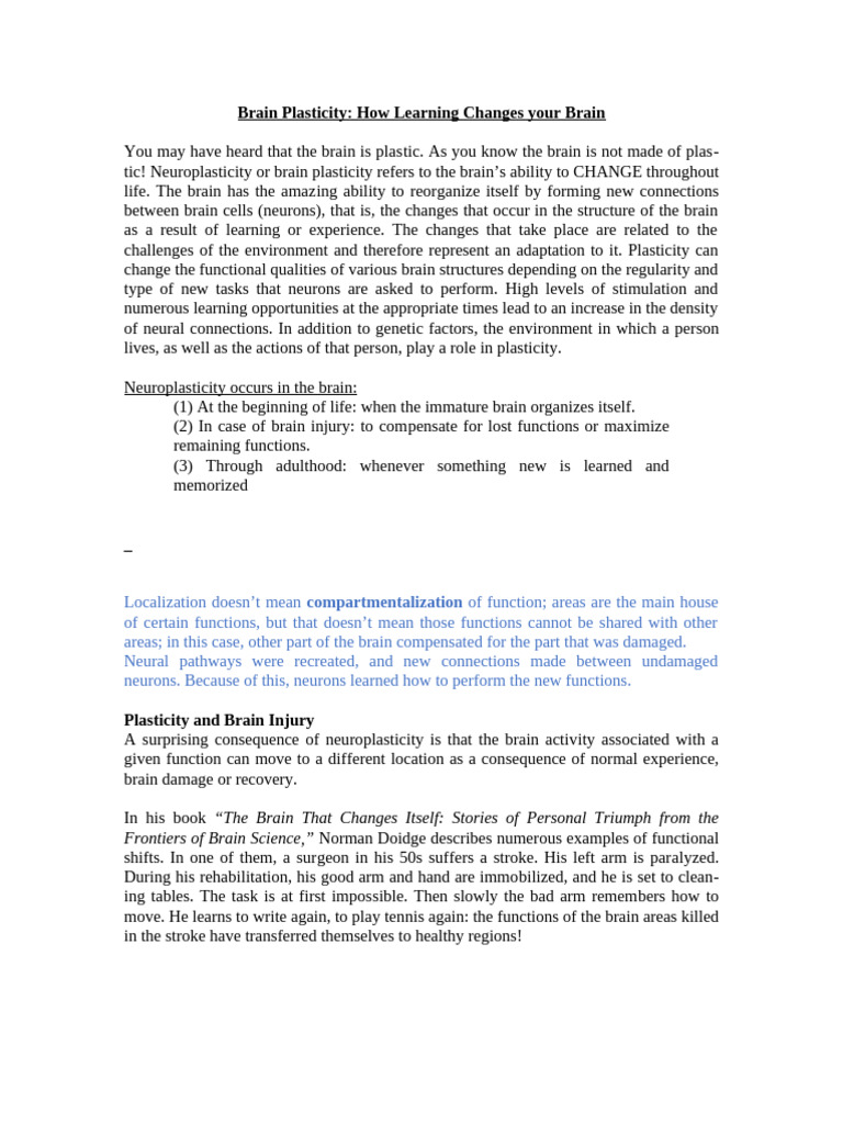 Brain Plasticity For MANAGEBAC | PDF | Neuroplasticity | Cognitive Science