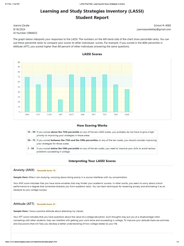 LASSI Post-Test - Learning and Study Strategies Inventory | PDF