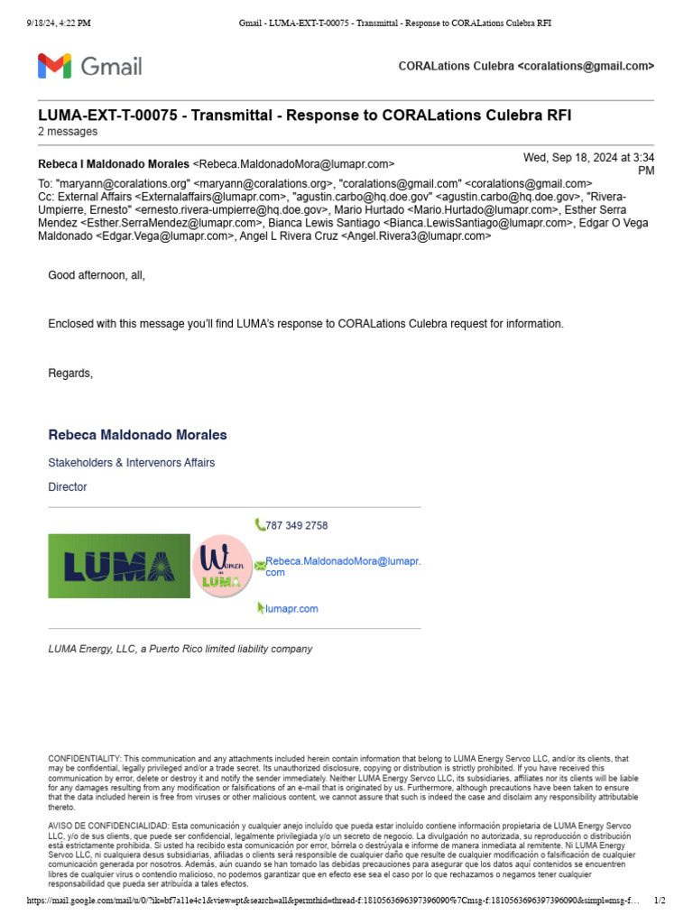 Gmail - LUMA-EXT-T-00075 - Transmittal - Response To CORALations Culebra RFI | PDF