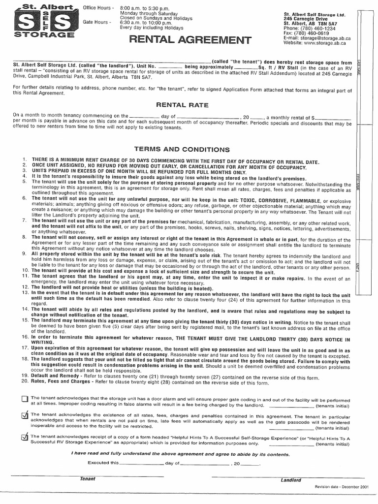 Self Storage RV Storage Rental Agreement | PDF