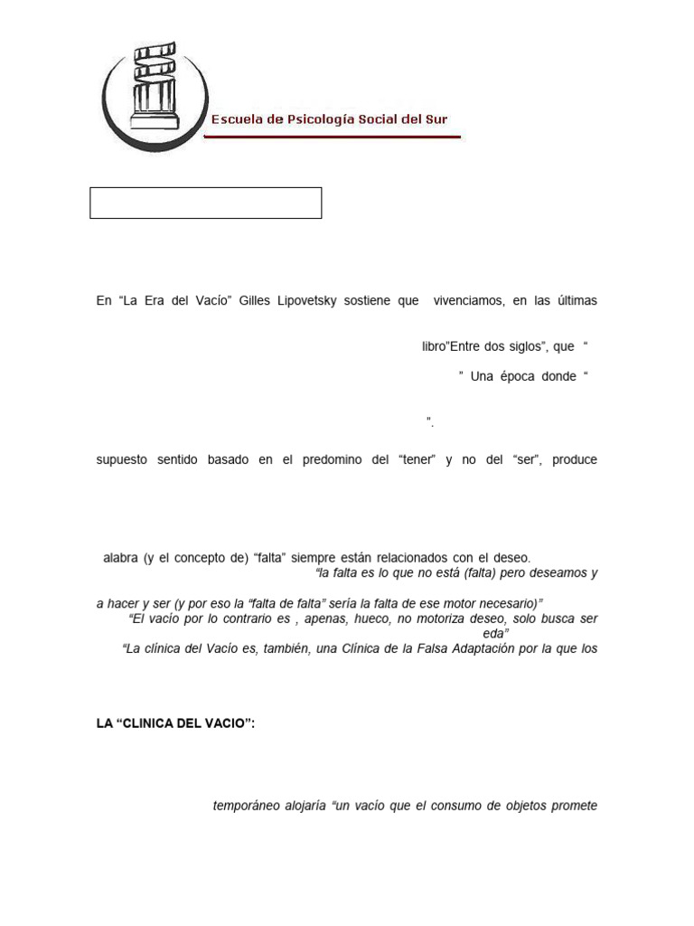 Psicología General C4 - El Vacío y Los Problemas Actuales de La Subjetividad | PDF