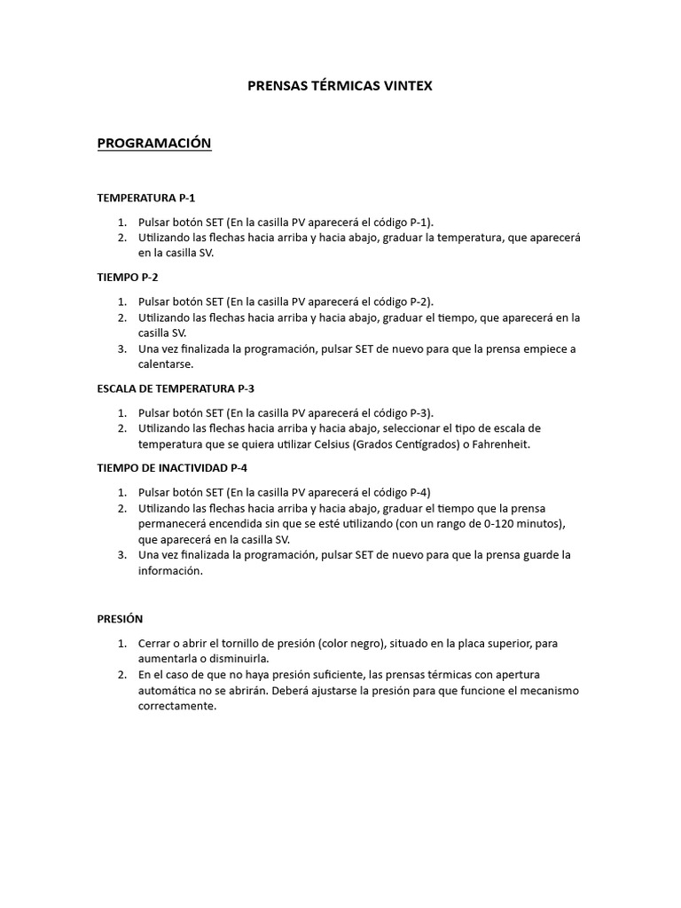 Manual Prensas Térmicas Vintex | PDF | Temperatura