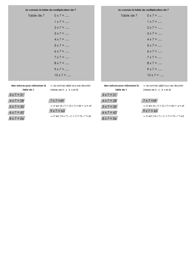 Je Connais La Table de Multiplication de 7 | PDF