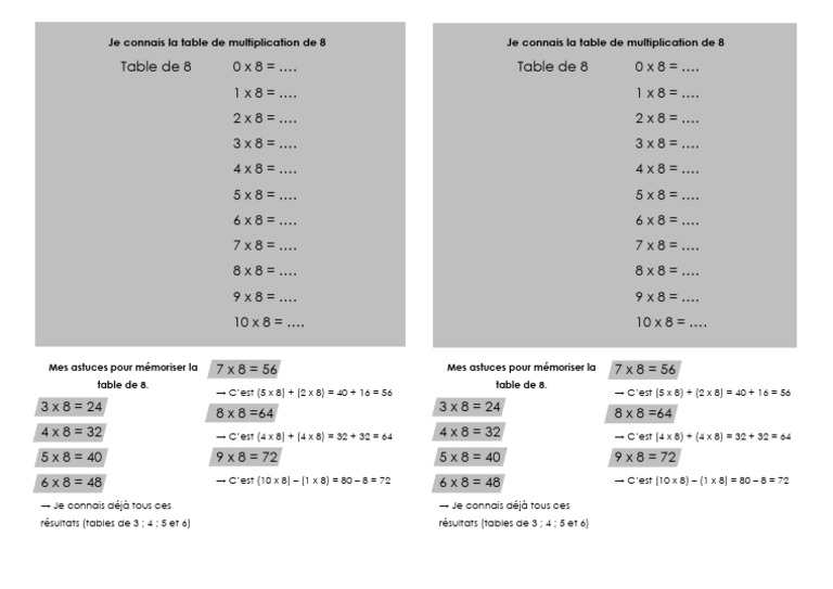 Je Connais La Table de Multiplication de 8 | PDF