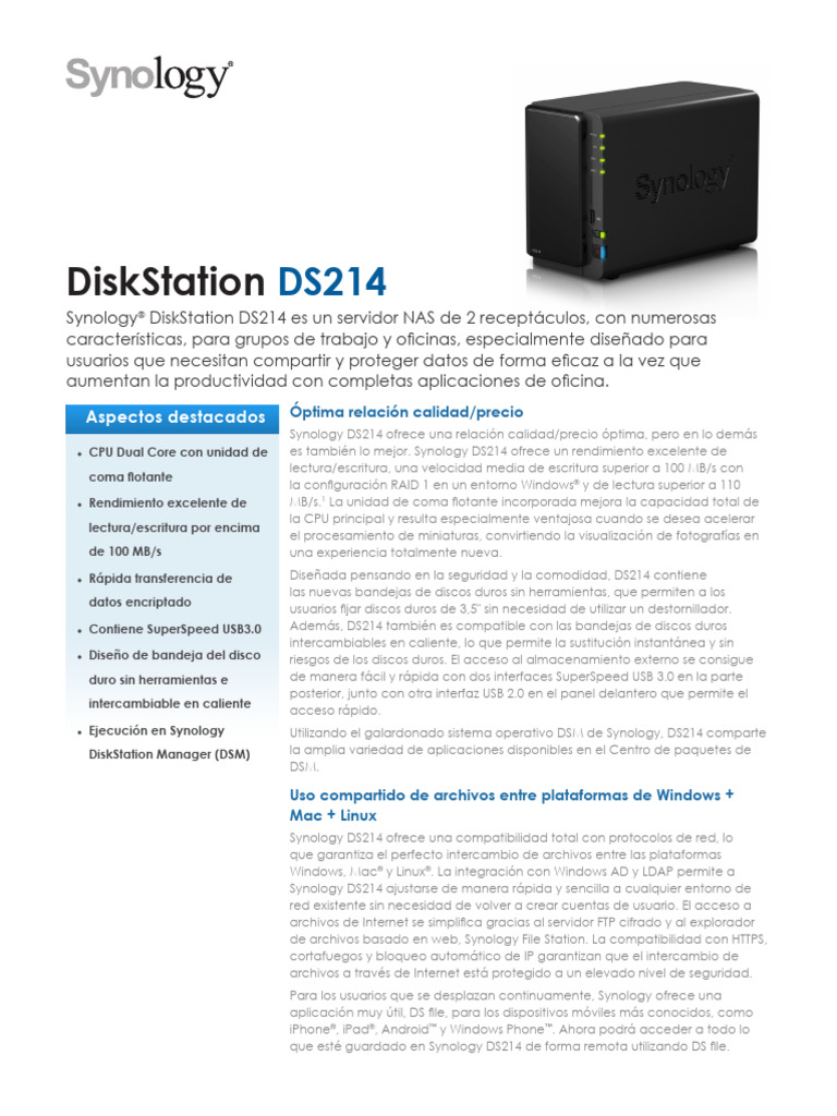 Synology DS214 Data Sheet SPN | PDF